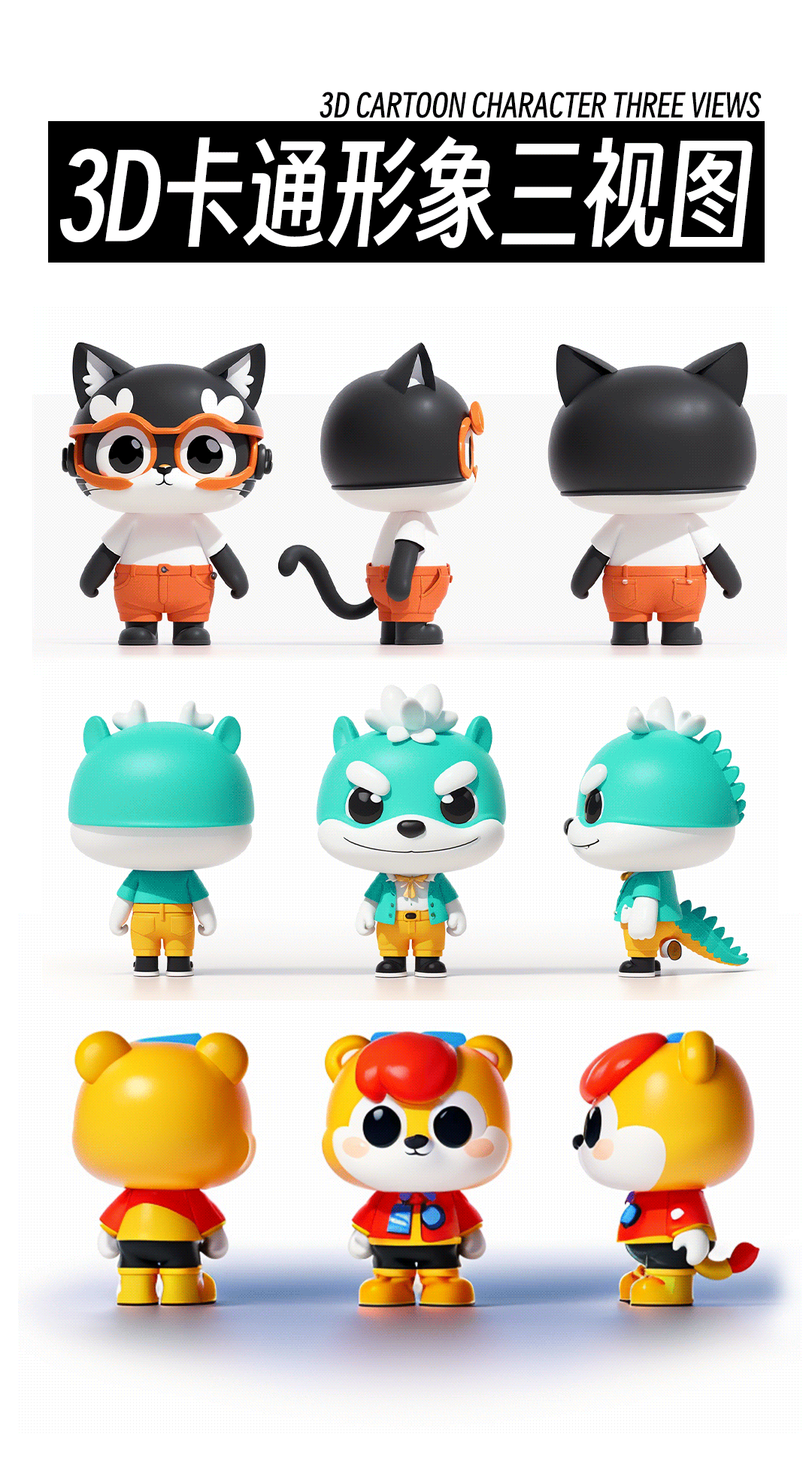 3D cartoon character three-view丨Three Views-LoRA-IPDesign-Shakker